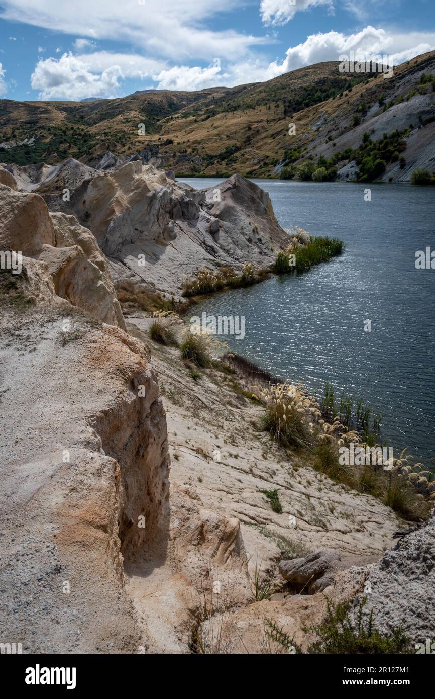 Rock formations beside the Blue Lake, St Bathans, Central Otago, South ...