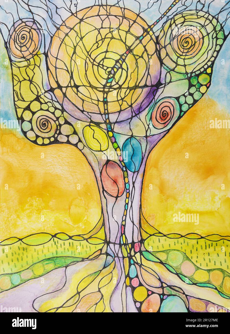 Bright and colorful cosmic tree of life. The dabbing technique near the ...