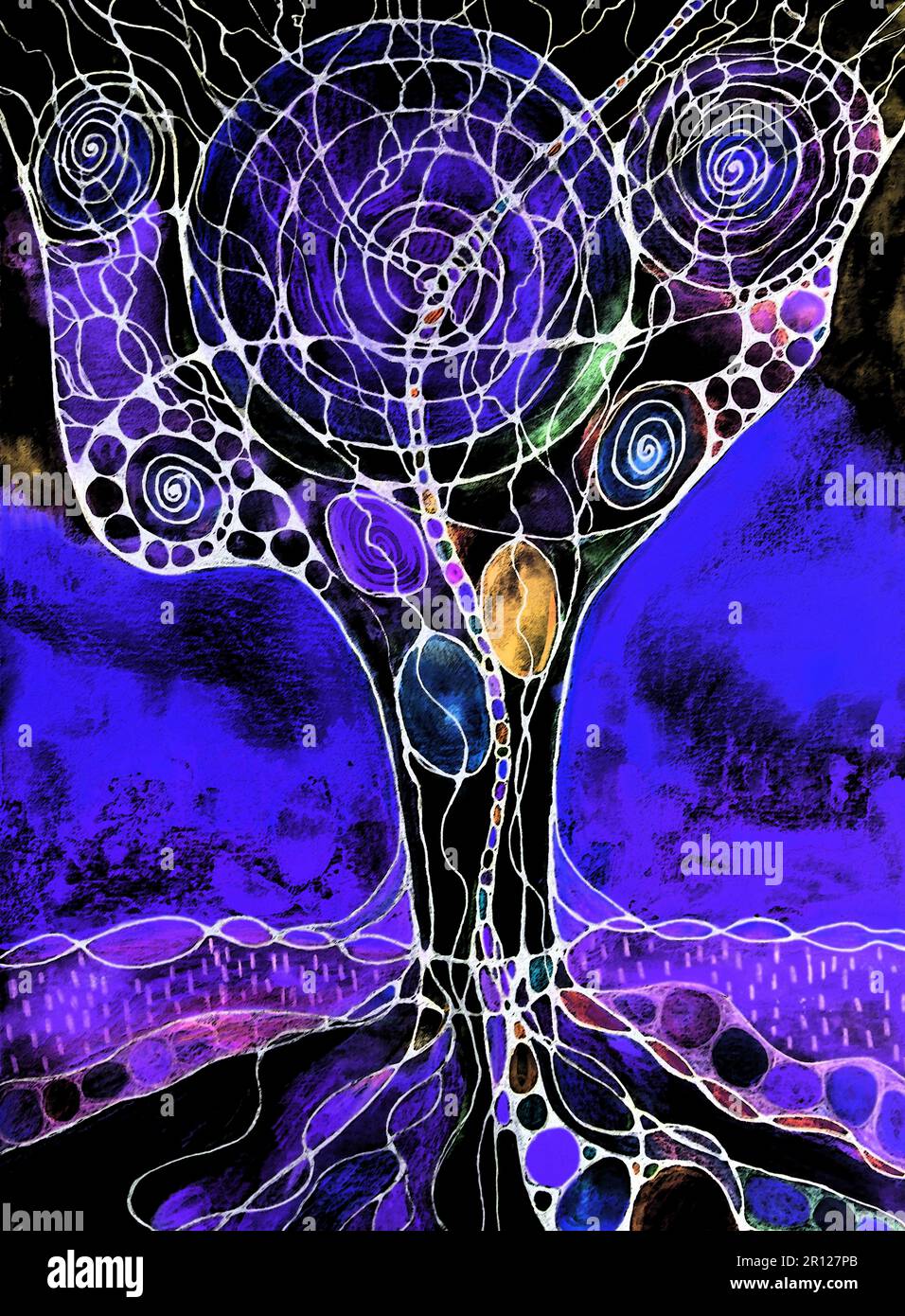 Colorful cosmic tree of life in the night. The dabbing technique near ...