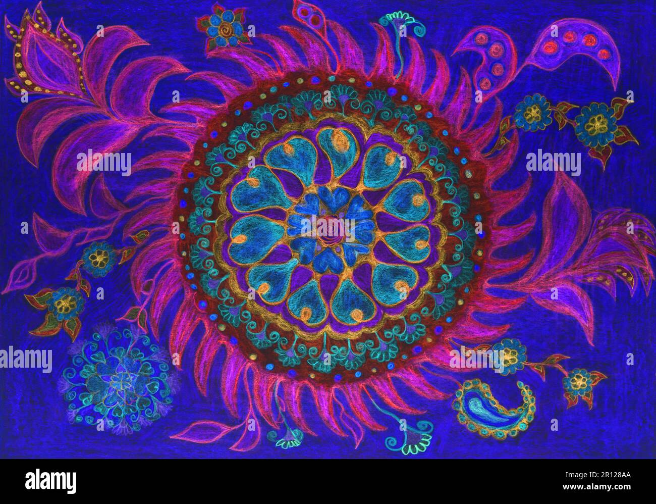 Blue and pink mandala with hearts. The dabbing technique near the edges ...