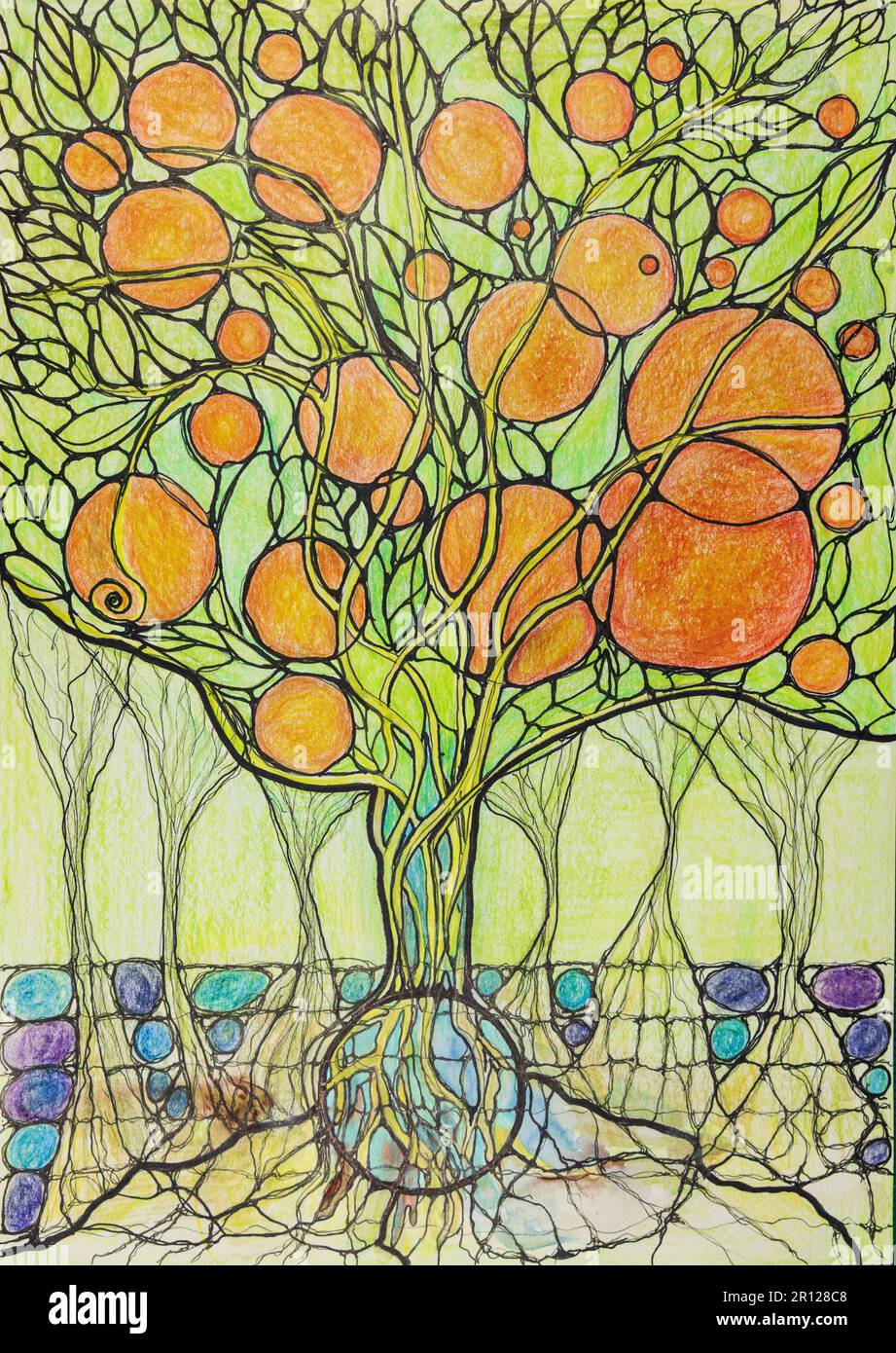 Neurographic green tree of life with oranges. The dabbing technique ...