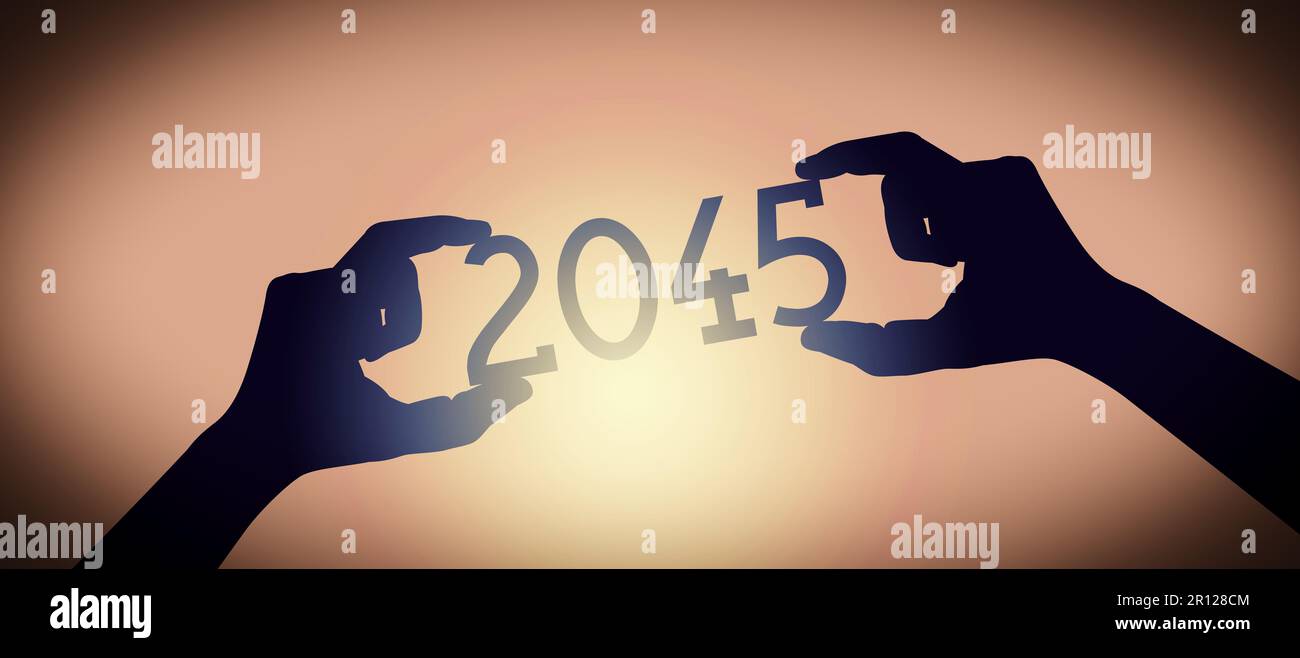 2045 - human hands holding black silhouette year number, gradient ...
