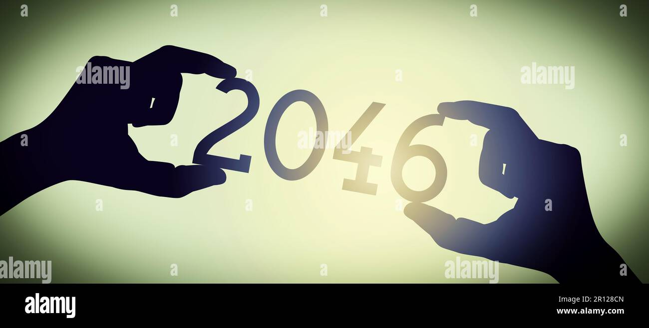 2046 - human hands holding black silhouette year number, gradient ...