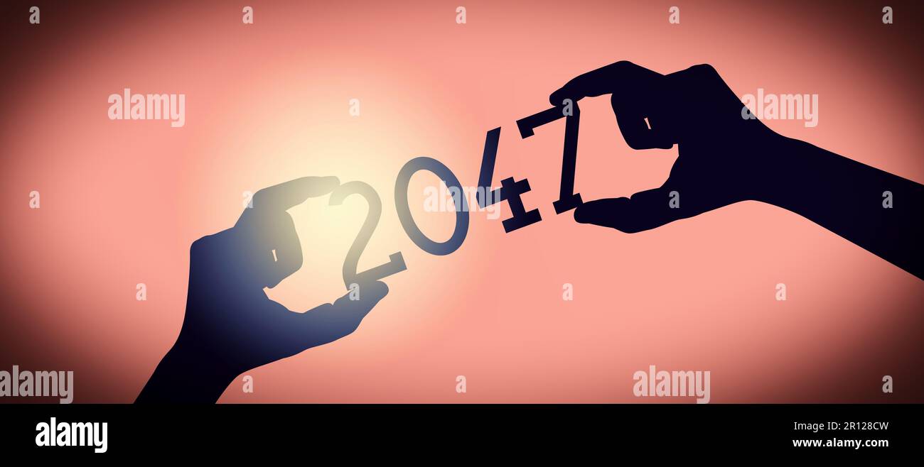 2047 - human hands holding black silhouette year number, gradient ...