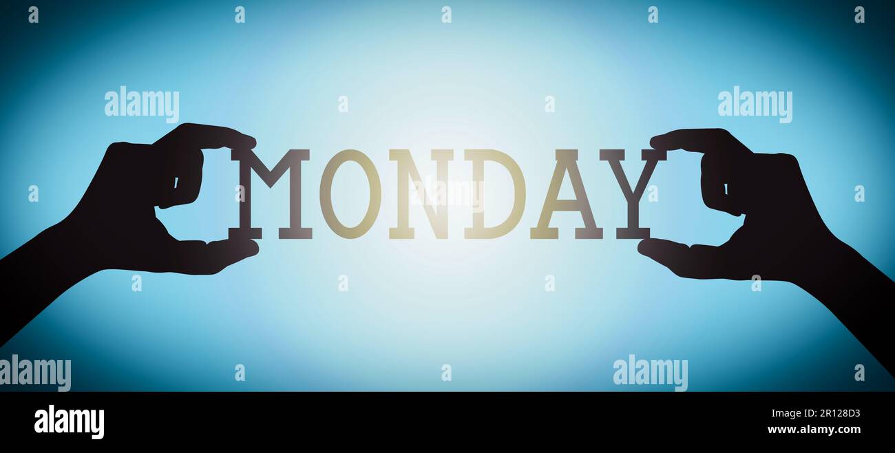 Monday - human hands holding black silhouette word, gradient background ...