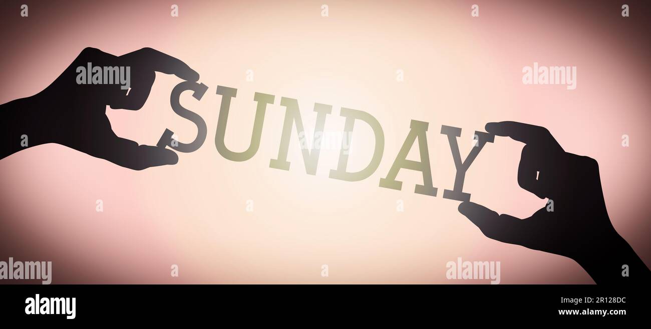 Sunday - human hands holding black silhouette word, gradient background ...