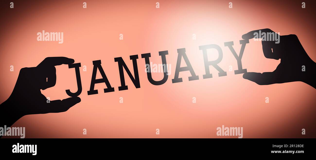 January - human hands holding black silhouette word, gradient ...