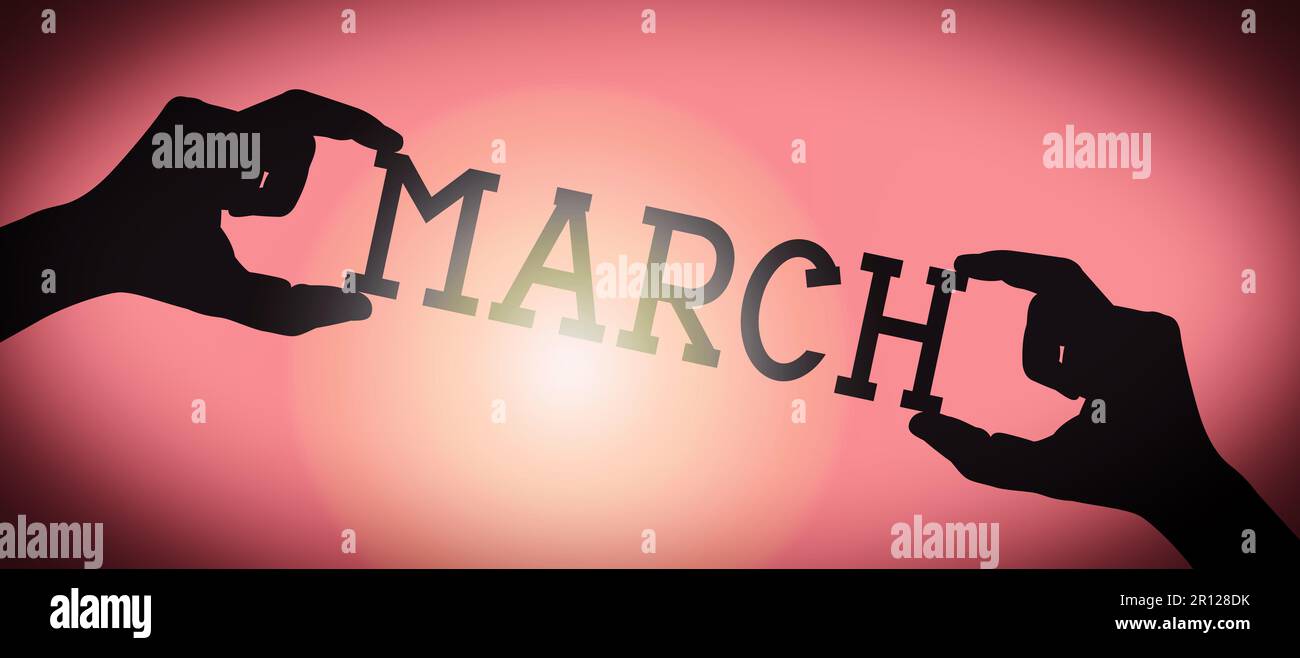 March - human hands holding black silhouette word, gradient background ...