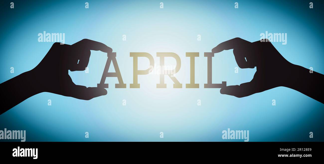 April - human hands holding black silhouette word, gradient background ...