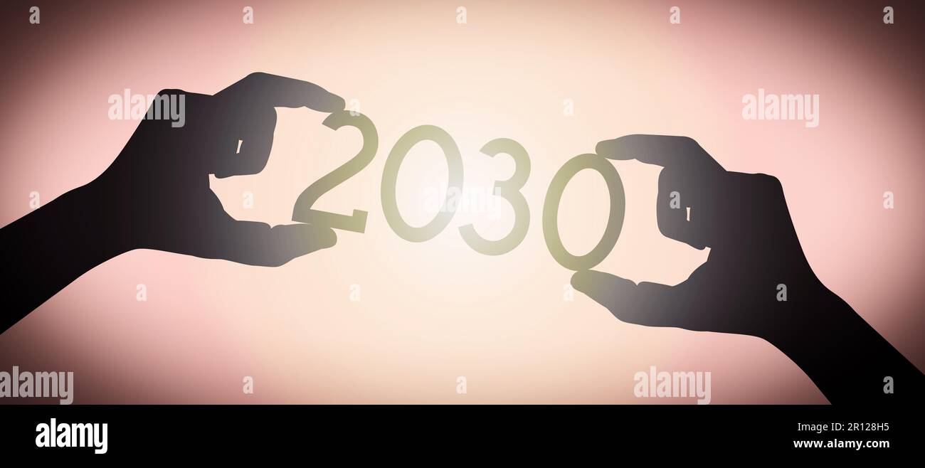 2030 - human hands holding black silhouette year number, gradient ...