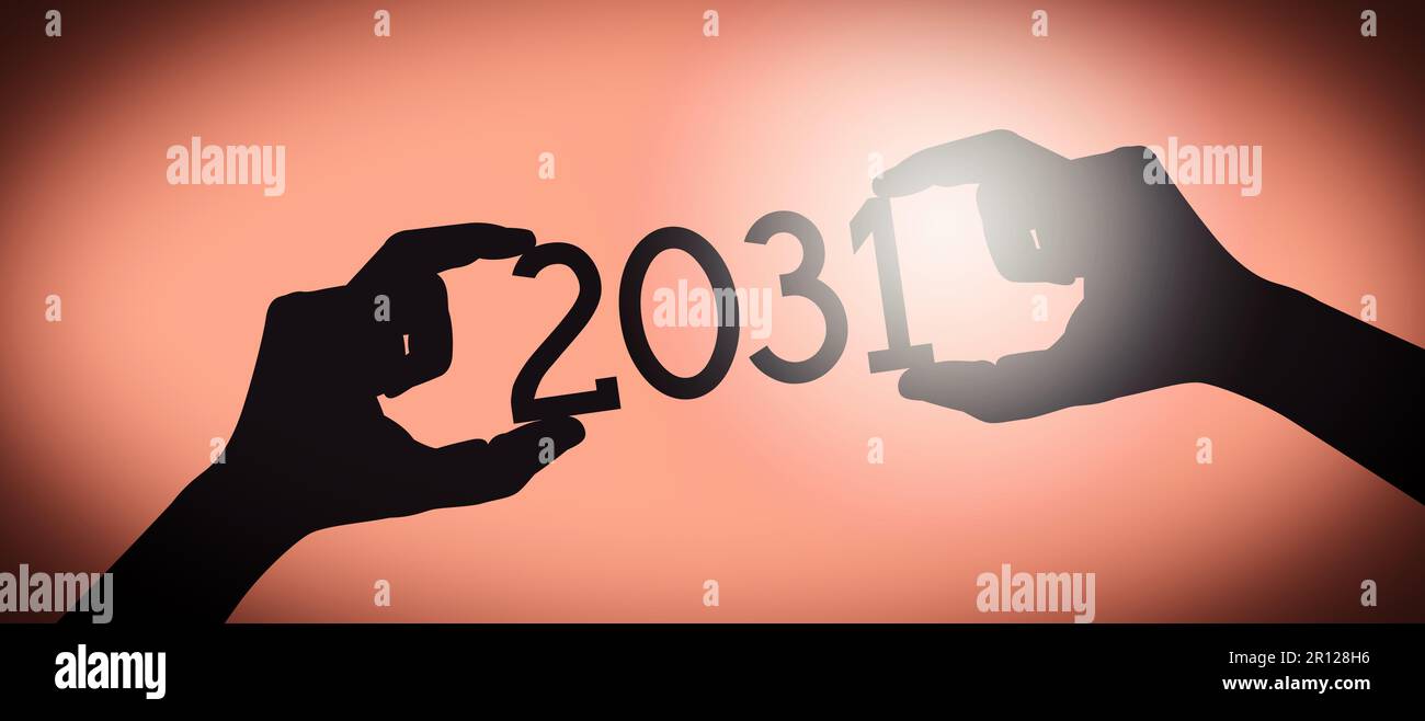 2031 - human hands holding black silhouette year number, gradient ...