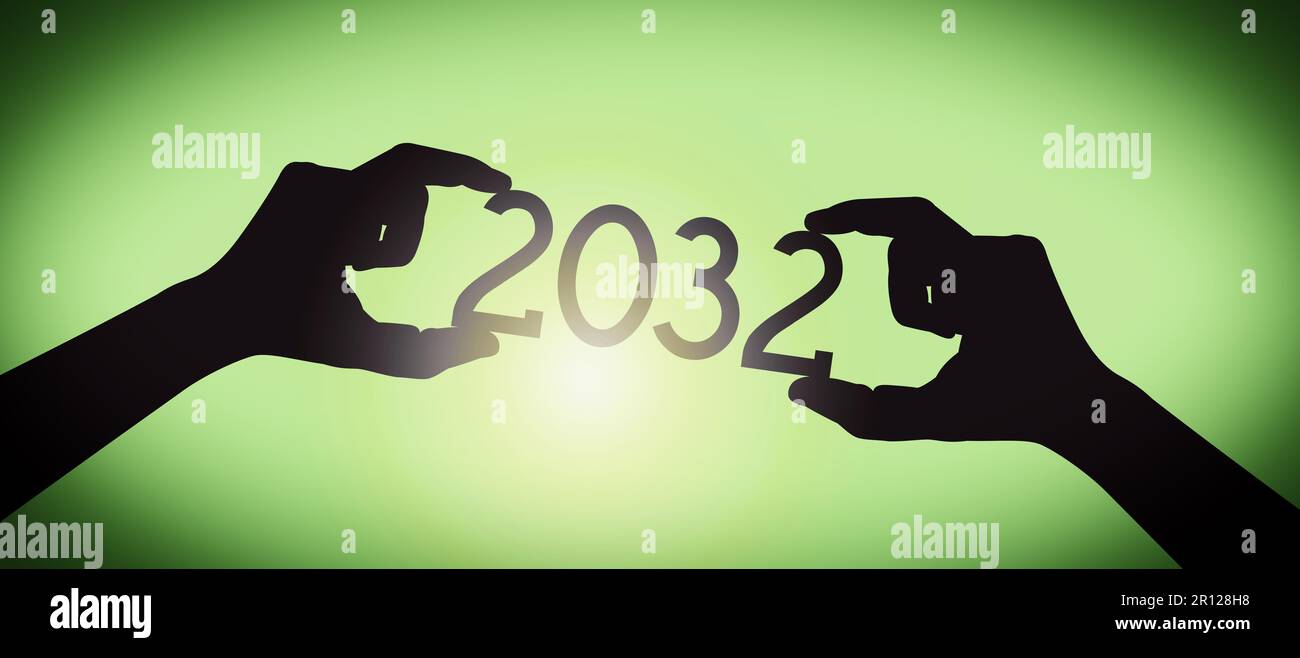 2032 - human hands holding black silhouette year number, gradient ...
