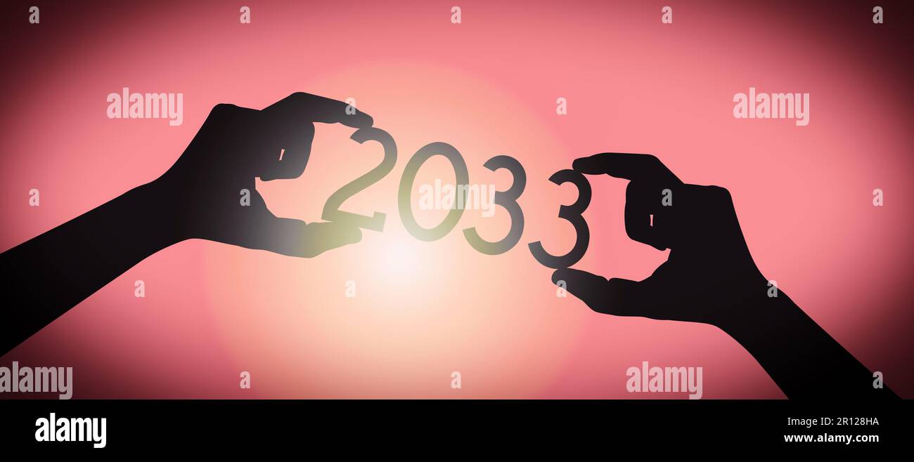 2033 - human hands holding black silhouette year number, gradient ...