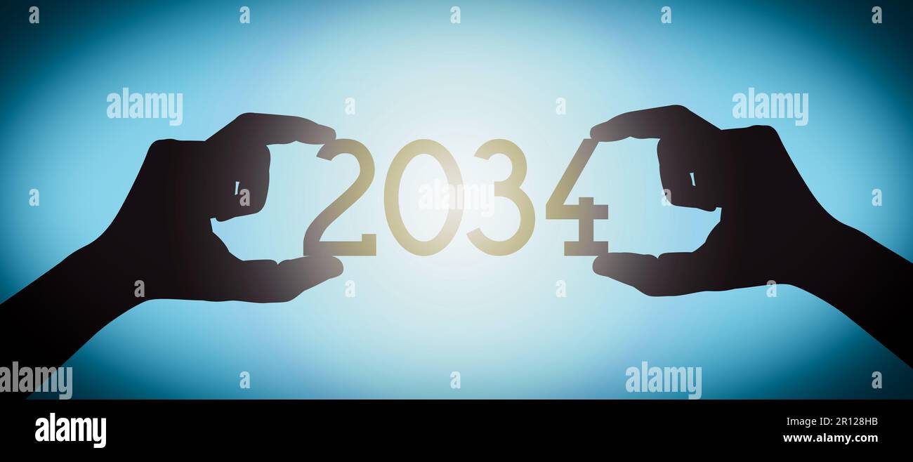 2034 - human hands holding black silhouette year number, gradient ...