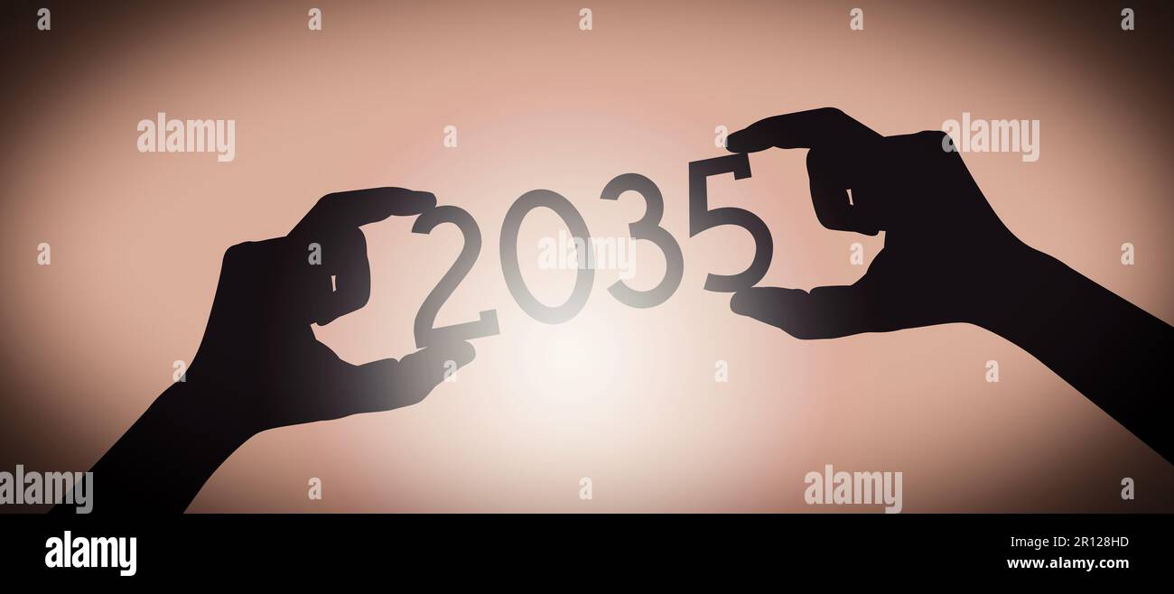 2035 - human hands holding black silhouette year number, gradient ...