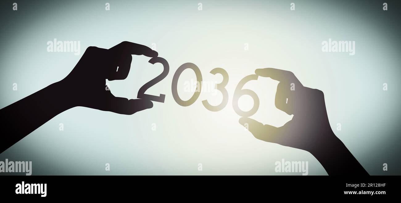 2036 - human hands holding black silhouette year number, gradient ...