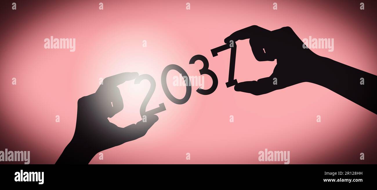 2037 - human hands holding black silhouette year number, gradient ...