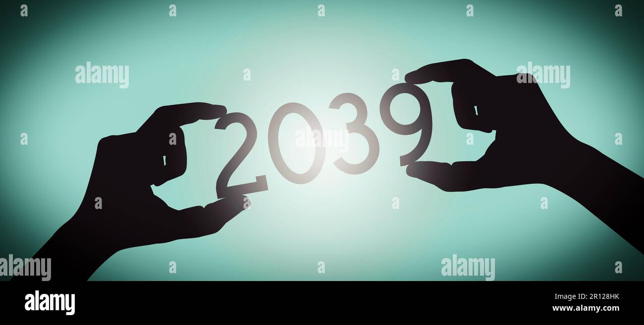 2039 - human hands holding black silhouette year number, gradient ...