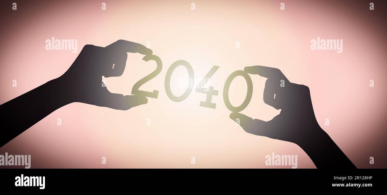 2040 - human hands holding black silhouette year number, gradient ...