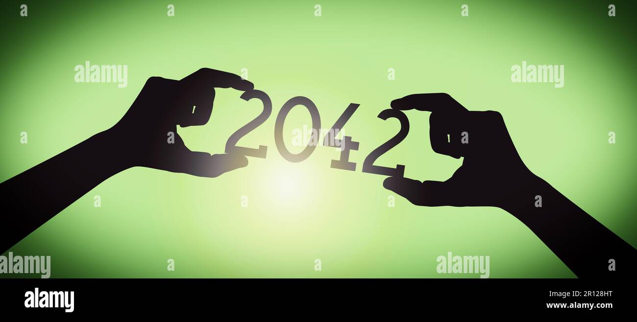 2042 - human hands holding black silhouette year number, gradient ...