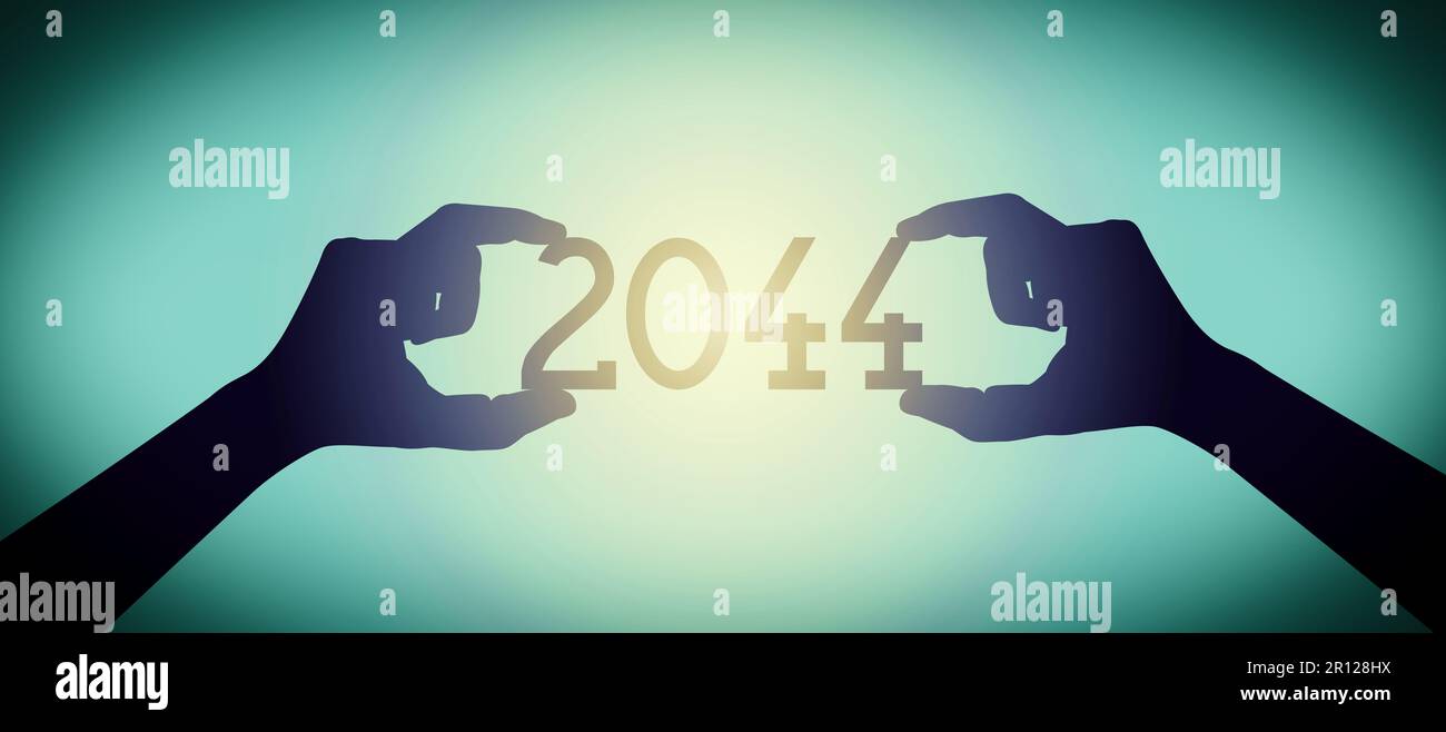 2044 - human hands holding black silhouette year number, gradient ...