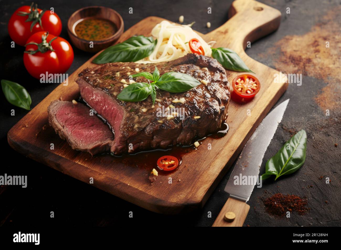 Grilled beef steak and vegetables on a plate in dark tone Stock Photo ...