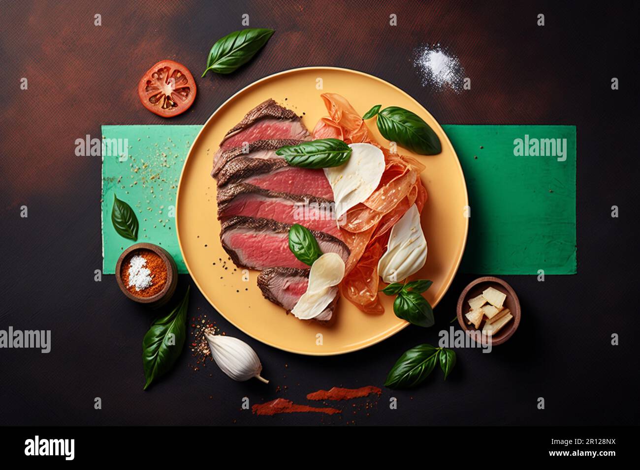 Grilled beef steak and vegetables on a plate in dark tone Stock Photo ...