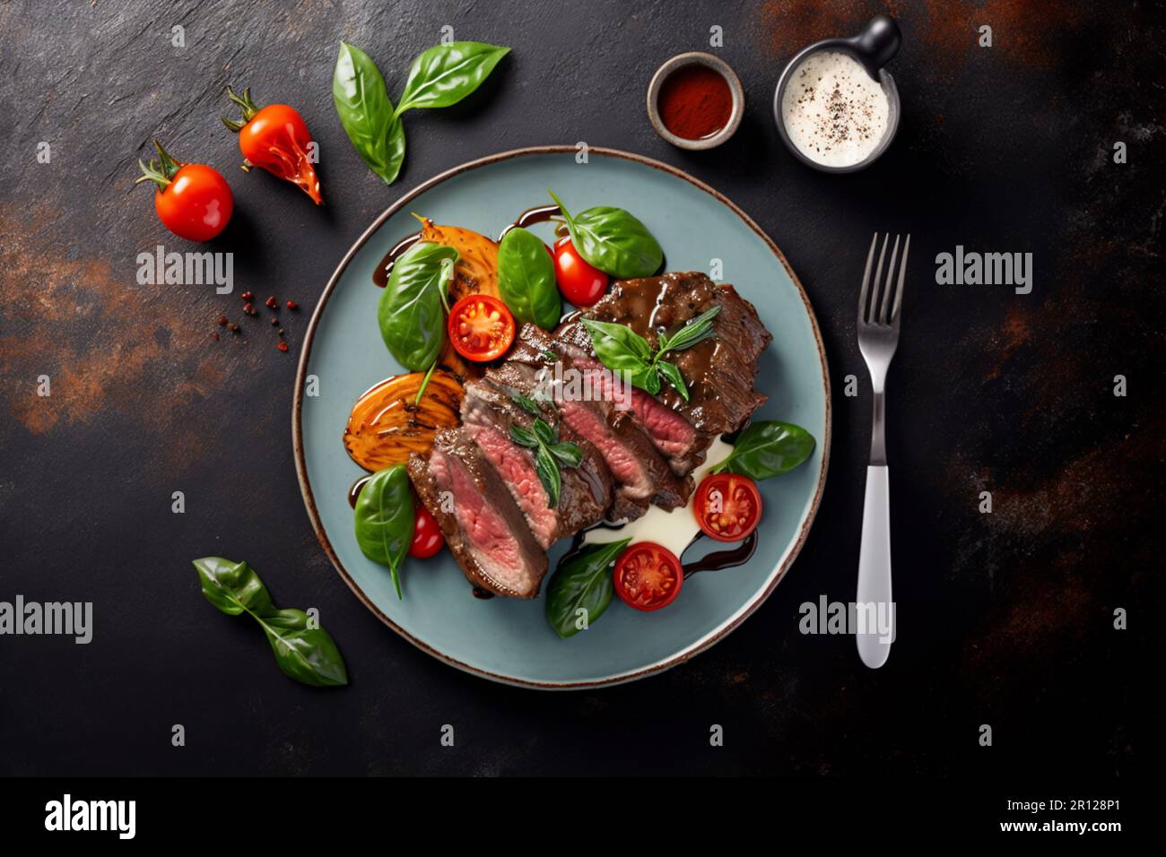 Grilled beef steak and vegetables on a plate in dark tone Stock Photo ...