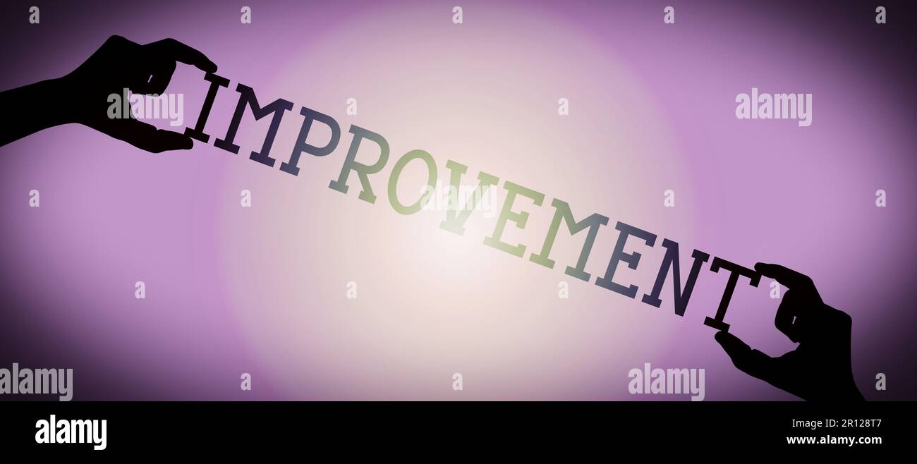 Improvement - human hands holding black silhouette word, gradient ...