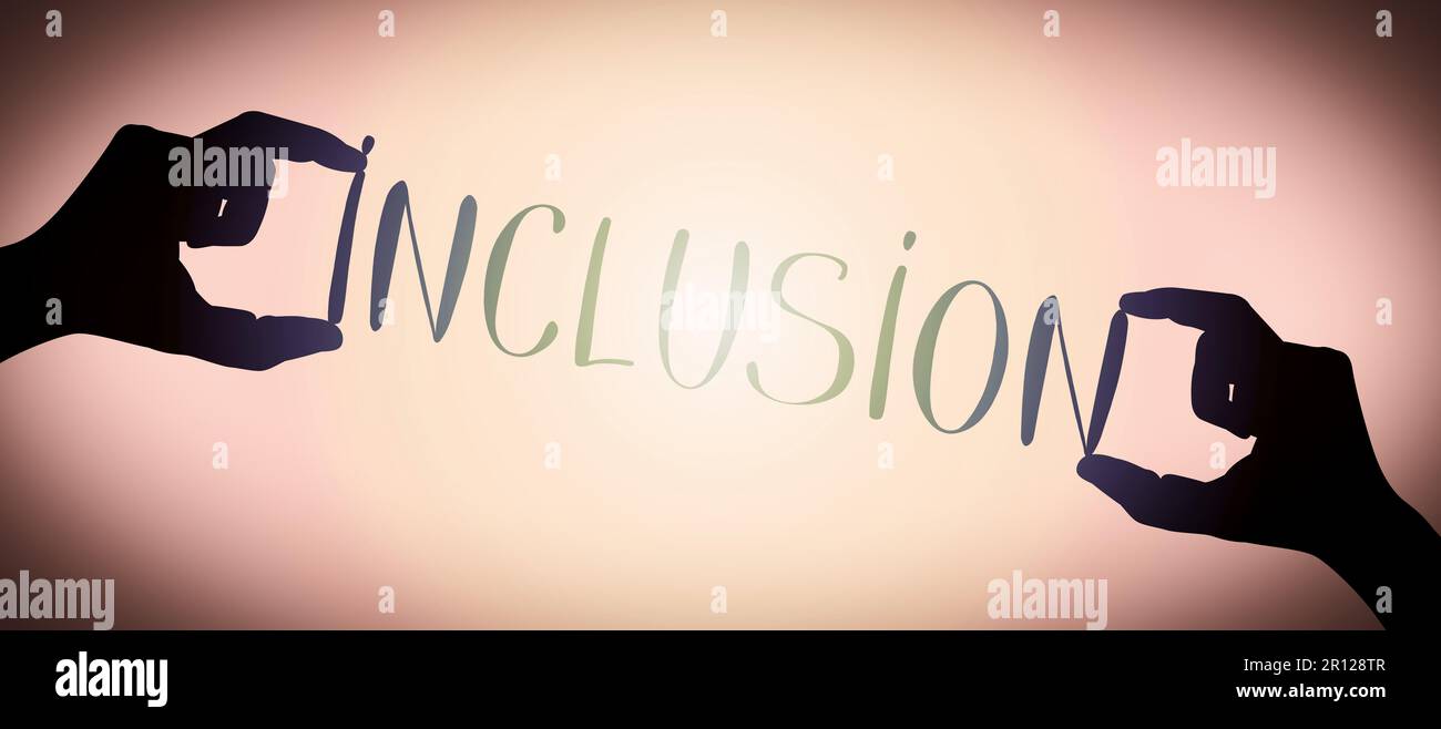 Inclusion - human hands holding black silhouette word, gradient ...