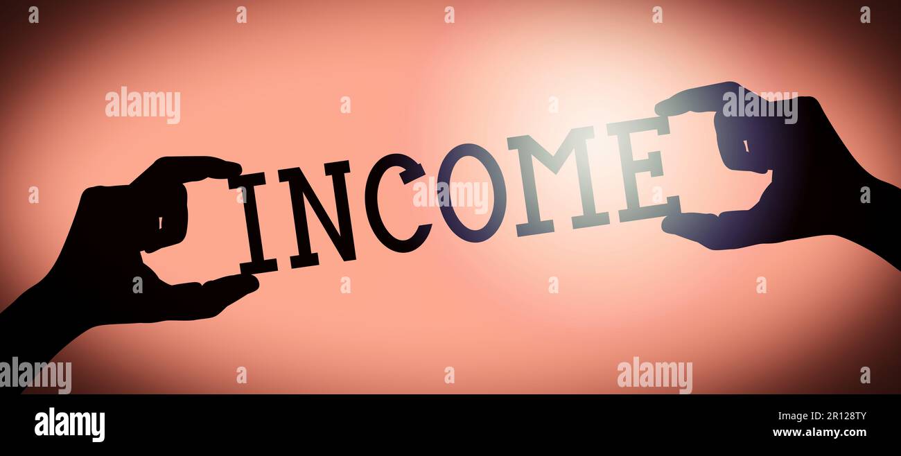 Income - human hands holding black silhouette word, gradient background ...