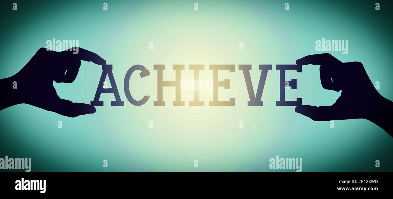 Achieve - human hands holding black silhouette word, gradient ...