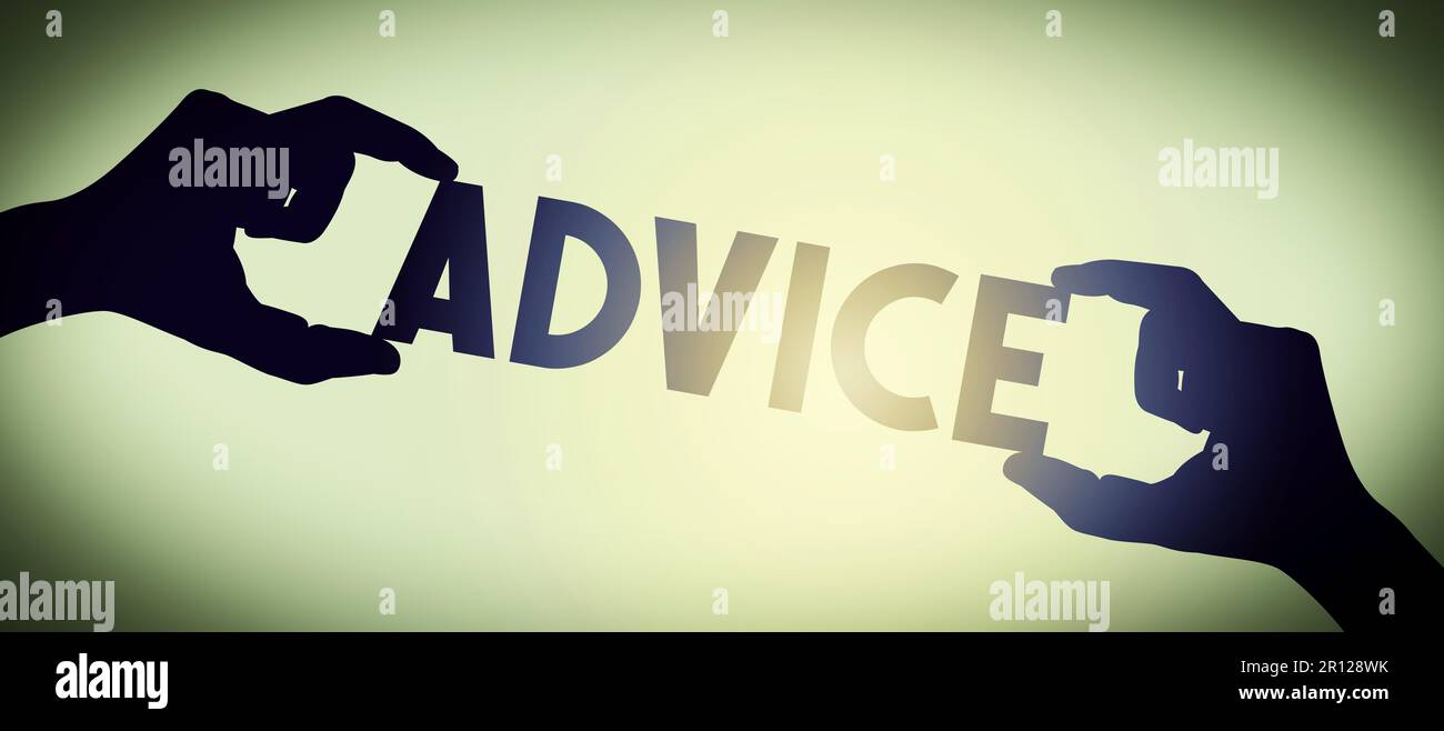 Advice - human hands holding black silhouette word, gradient background ...