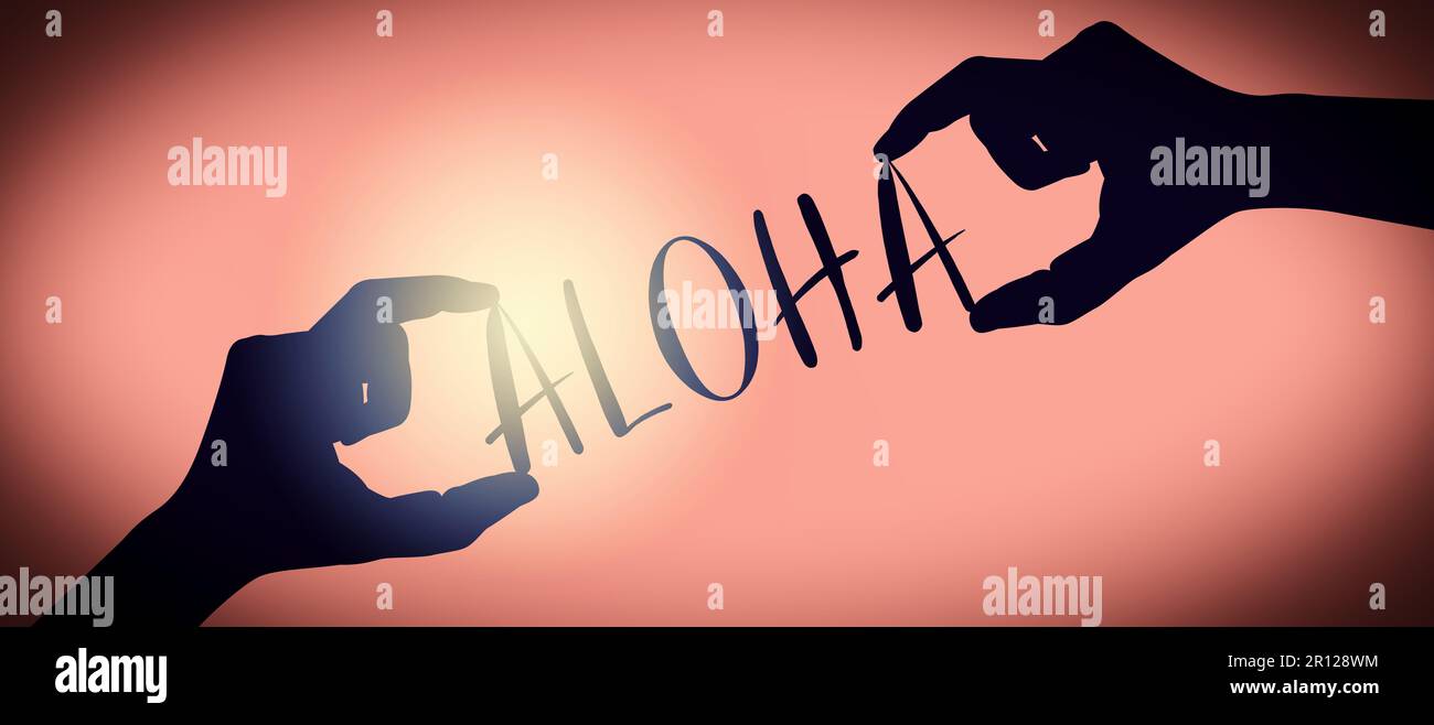 Aloha - human hands holding black silhouette word, gradient background ...