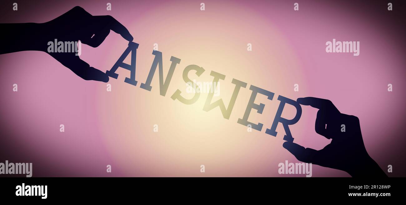 Answer - human hands holding black silhouette word, gradient background ...