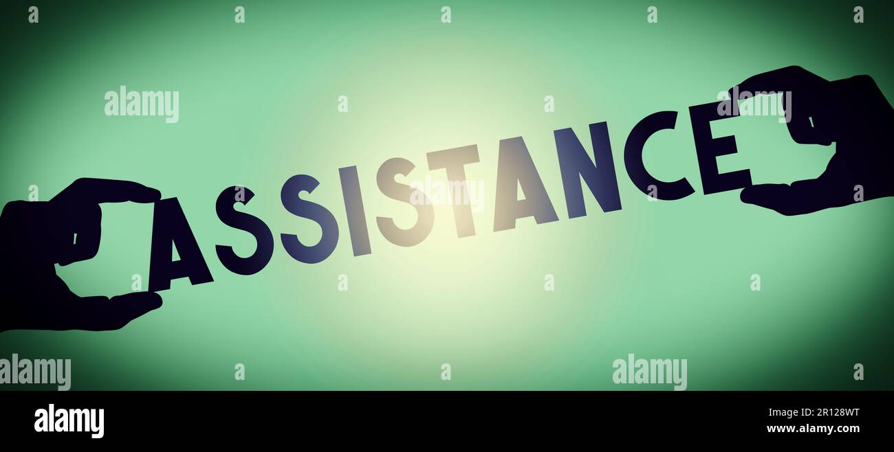 Assistance - human hands holding black silhouette word, gradient ...