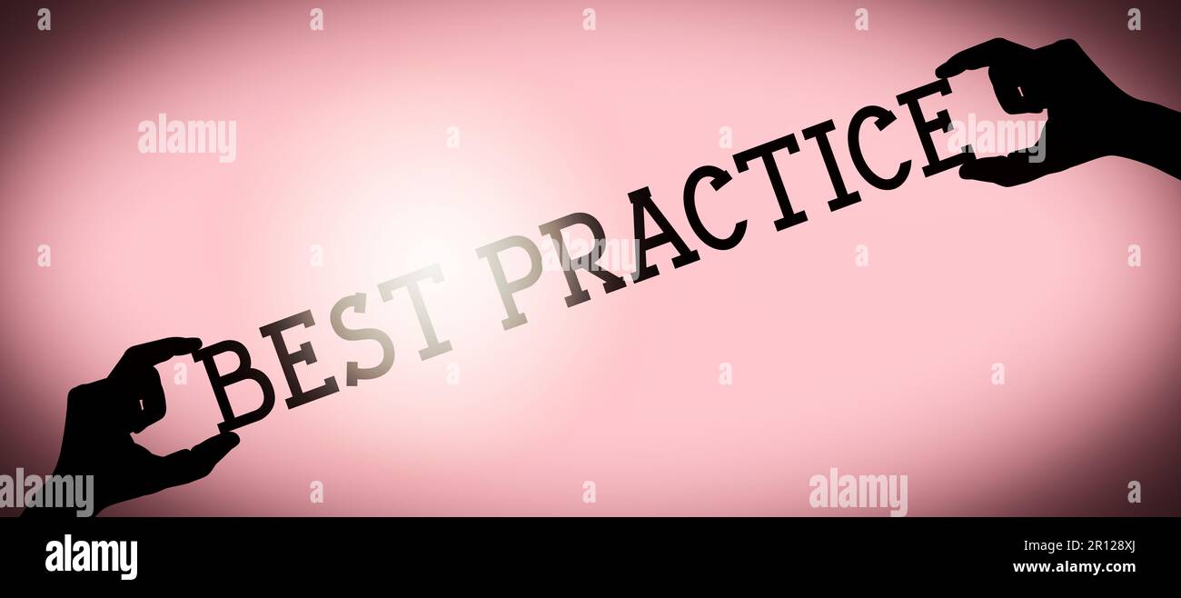 Best practice - human hands holding black silhouette word, gradient ...
