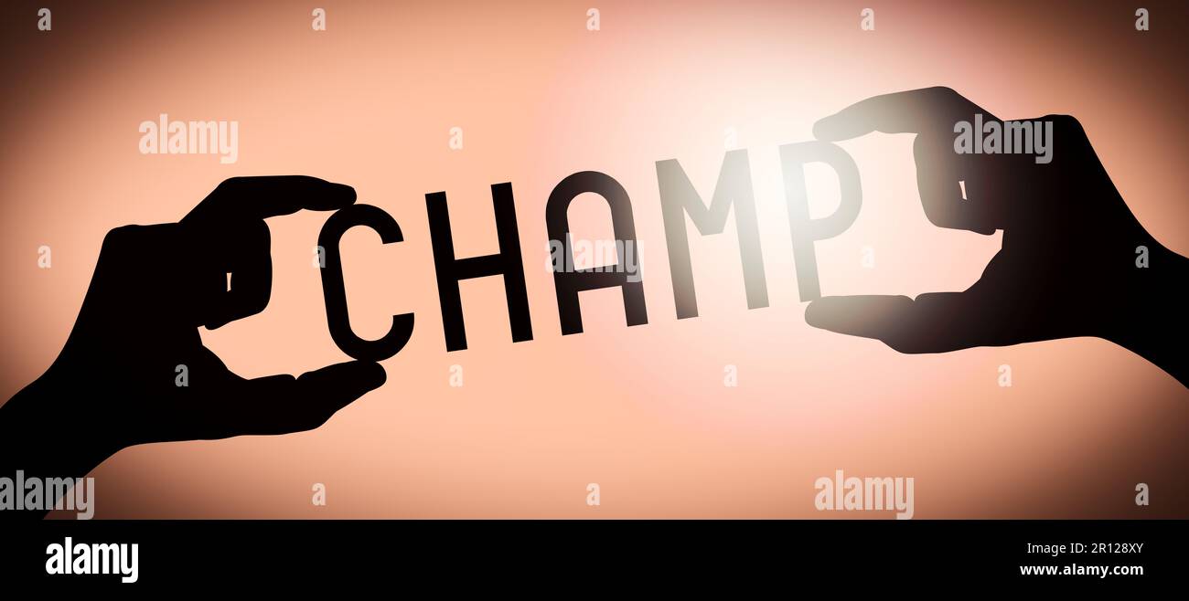 Champ - human hands holding black silhouette word, gradient background ...