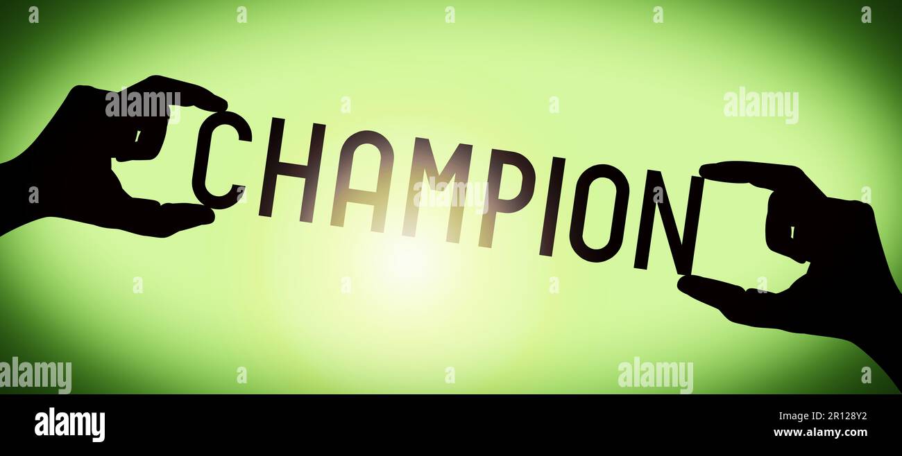 Champion - human hands holding black silhouette word, gradient ...