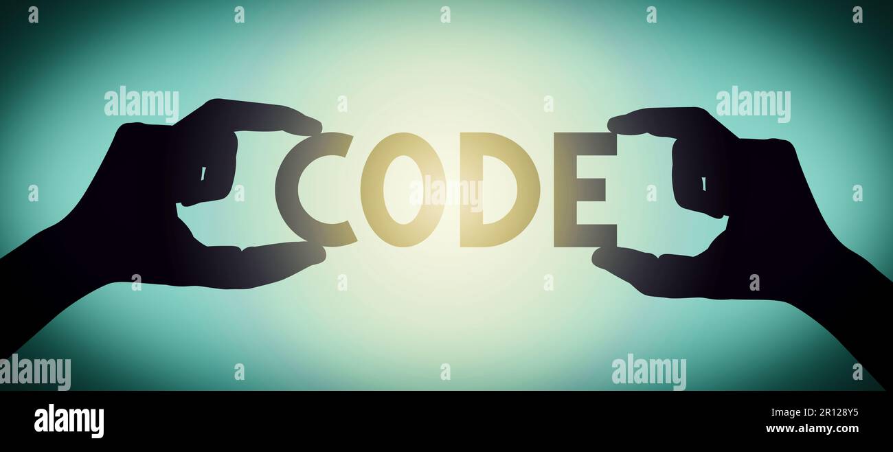 Code - human hands holding black silhouette word, gradient background ...