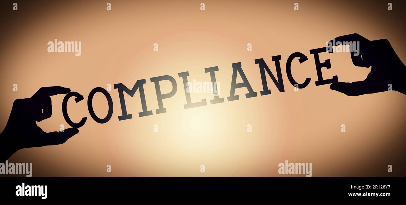 Compliance - human hands holding black silhouette word, gradient ...
