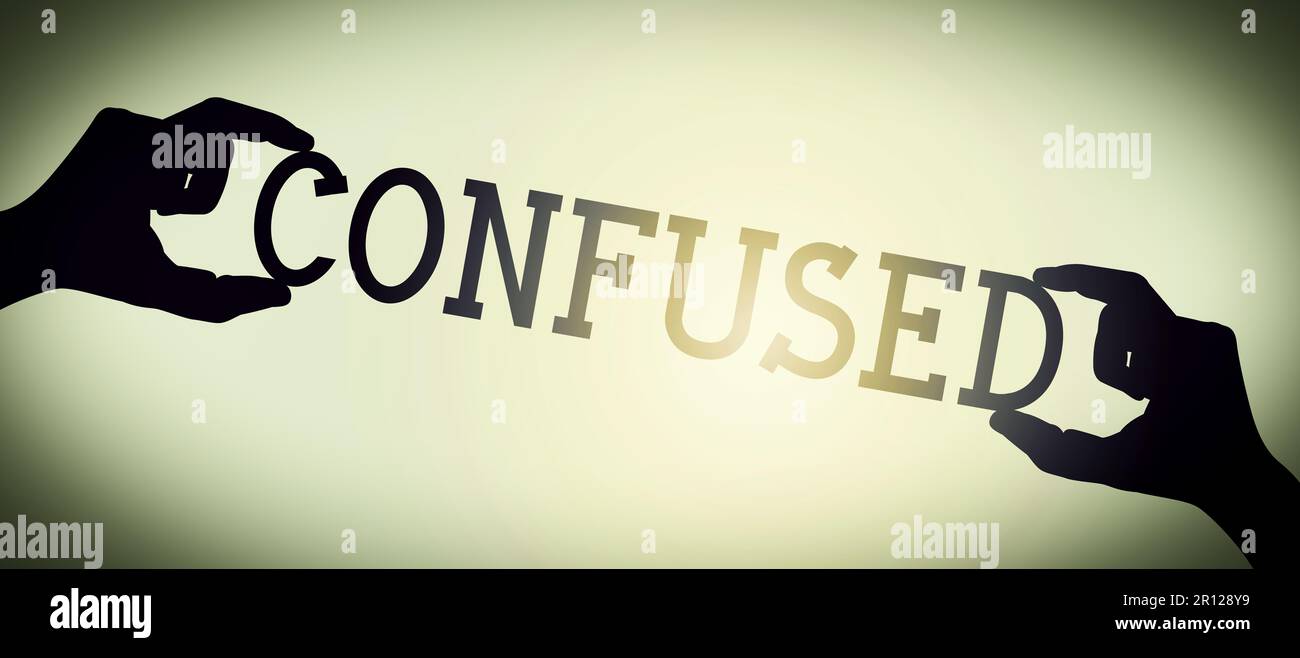 Confused - human hands holding black silhouette word, gradient ...