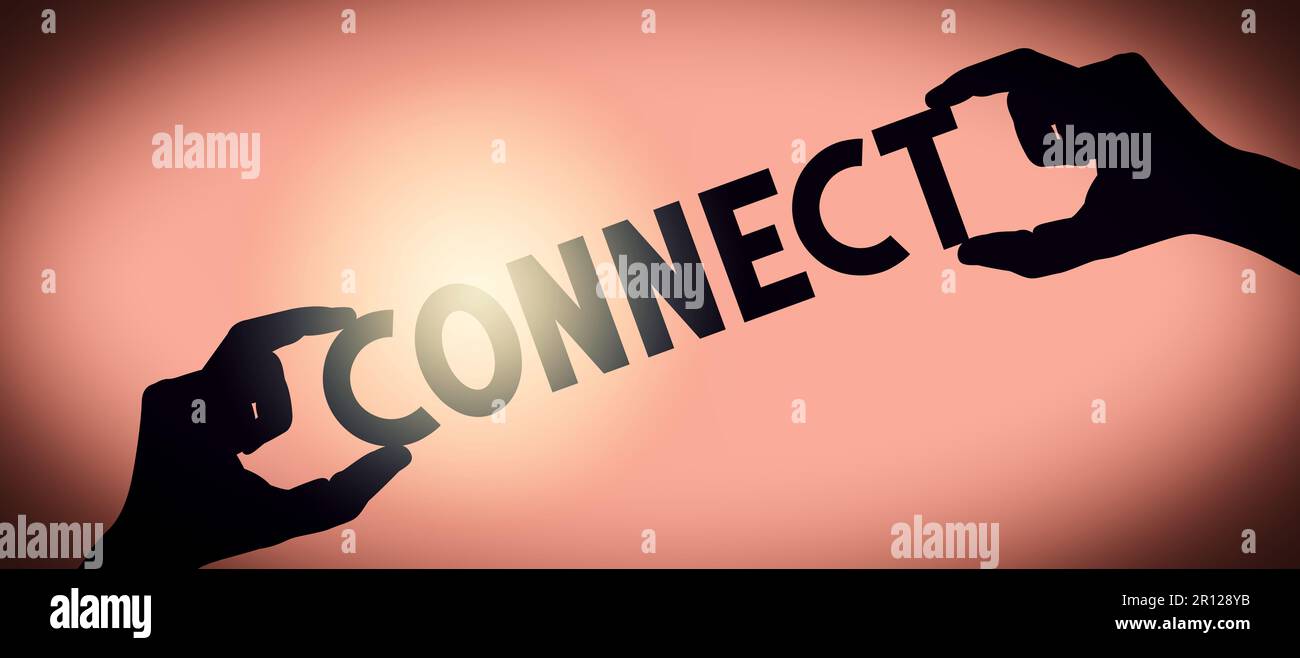Connect - human hands holding black silhouette word, gradient ...
