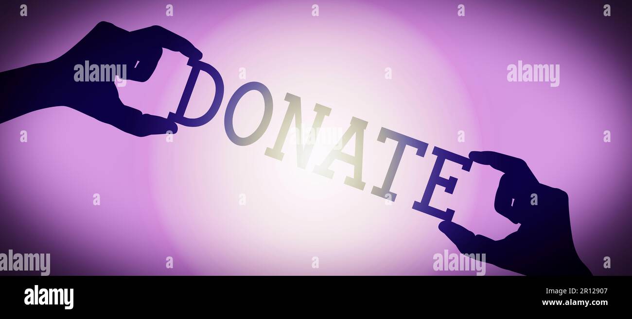 Donate - human hands holding black silhouette word, gradient background ...