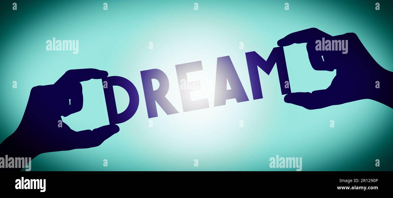 Dream - human hands holding black silhouette word, gradient background ...