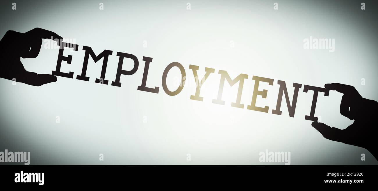 Employment - human hands holding black silhouette word, gradient ...