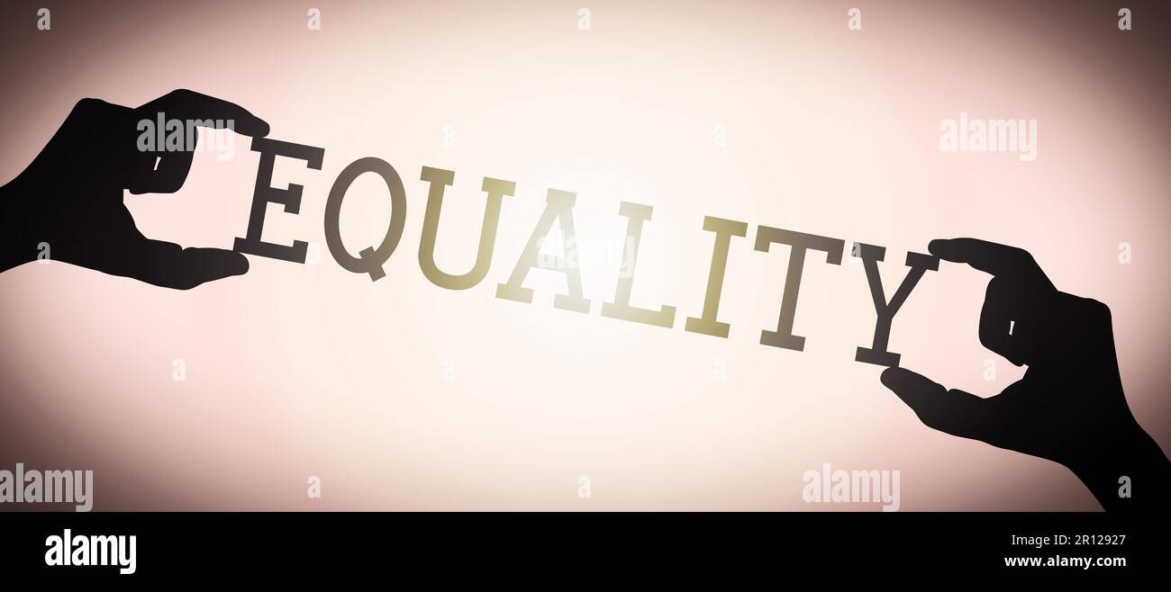 Equality - human hands holding black silhouette word, gradient ...