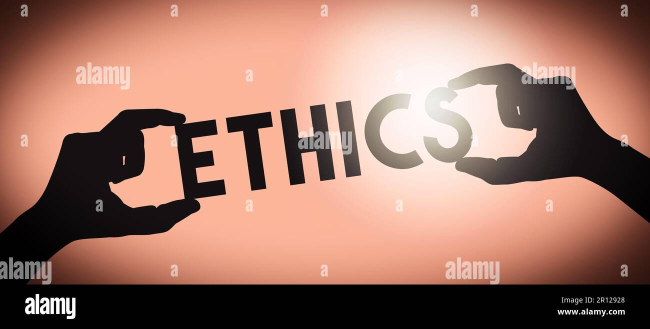 Ethics - human hands holding black silhouette word, gradient background ...