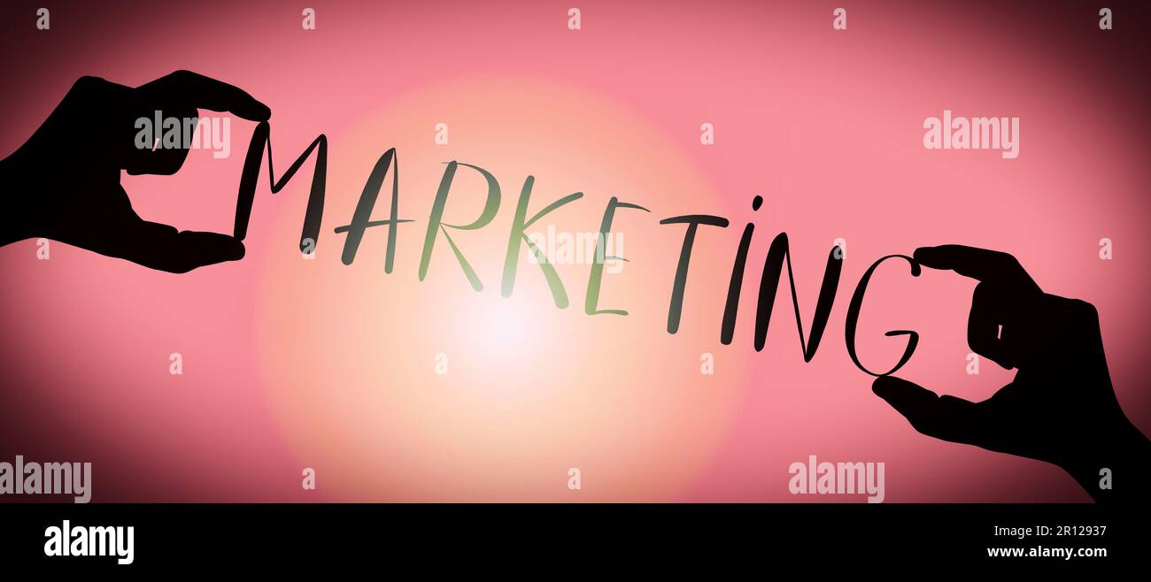 Marketing - human hands holding black silhouette word, gradient ...