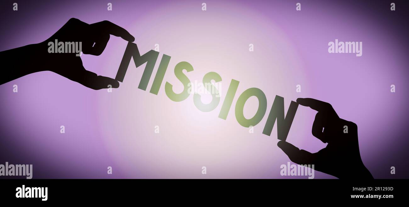 Mission - human hands holding black silhouette word, gradient ...